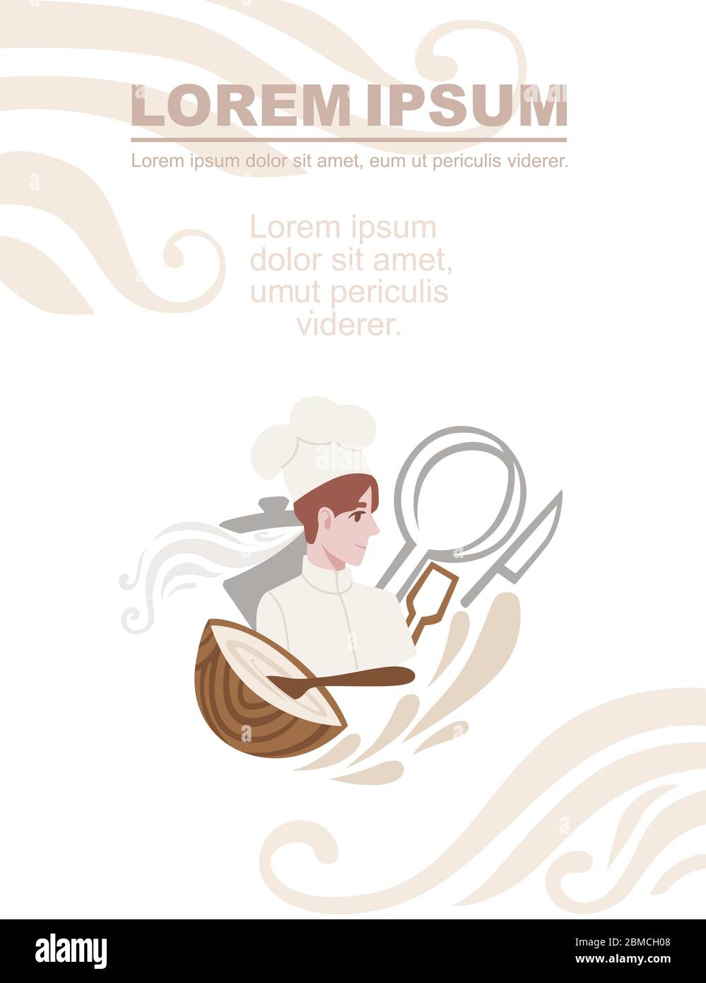 Advertising flyer design with young male bakery chef with kitchen tools ...