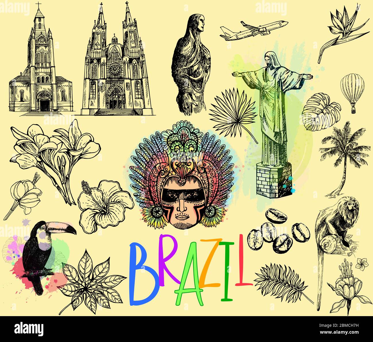 Set of hand drawn sketch style Brazil related objects. Isolated vector ...