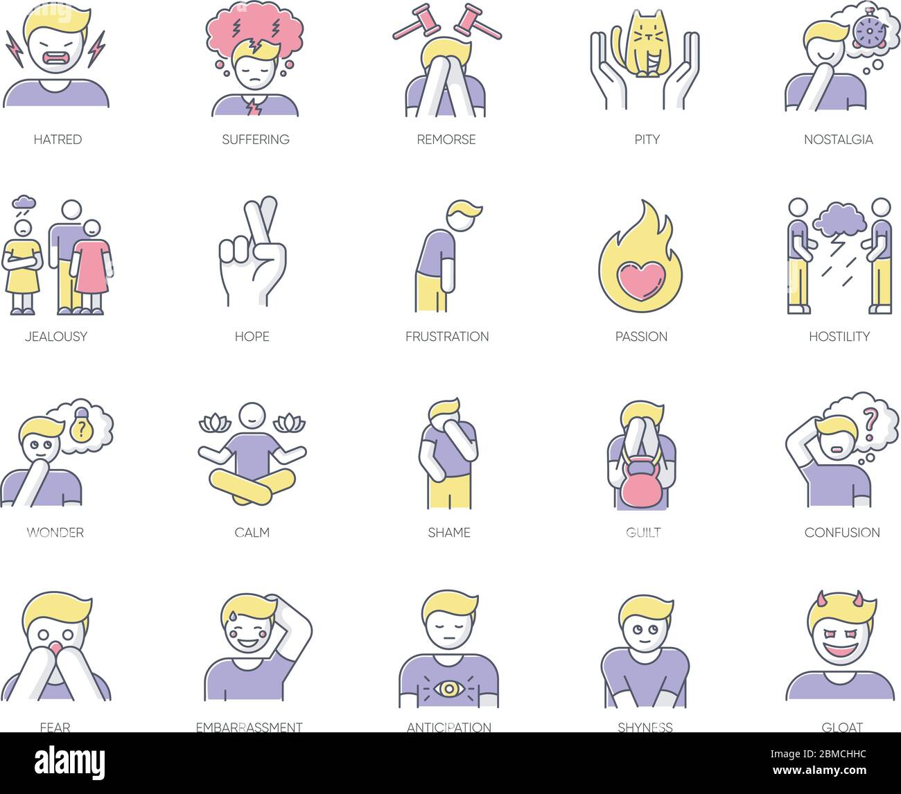 Human feelings RGB color icons set. Psychological treatment. Positive ...