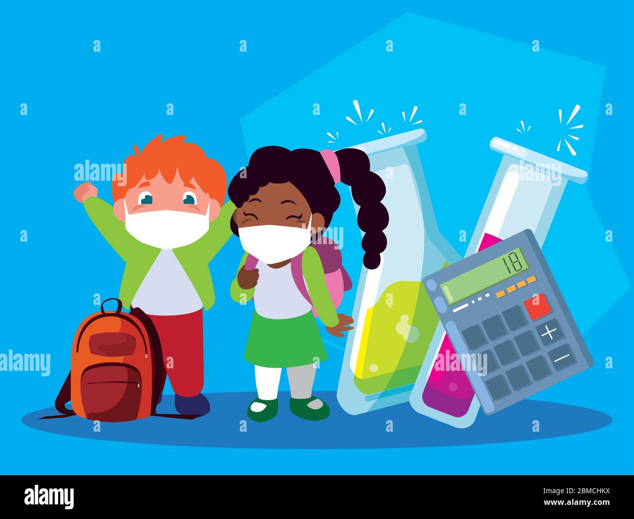 Girl and boy with masks school books and bags design of Covid 19 virus ...