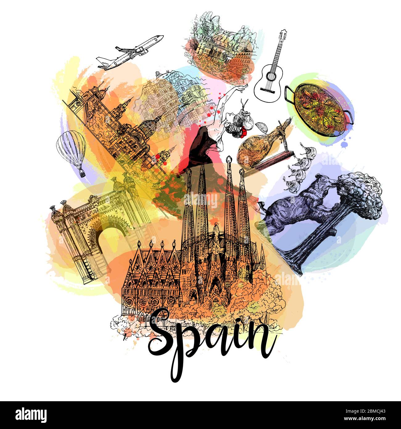 Poster / card / composition of colorful hand drawn sketch style Spain ...