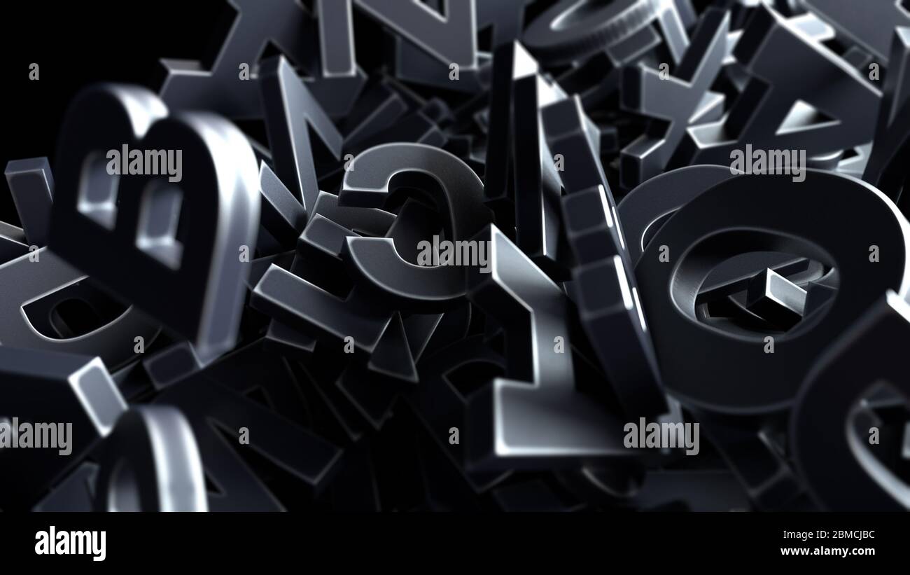 3d illustration concept closeup of many black metallic letters ...