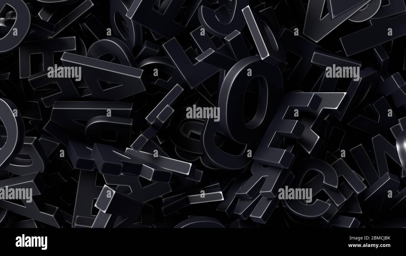 3d illustration concept closeup of many black metallic letters ...