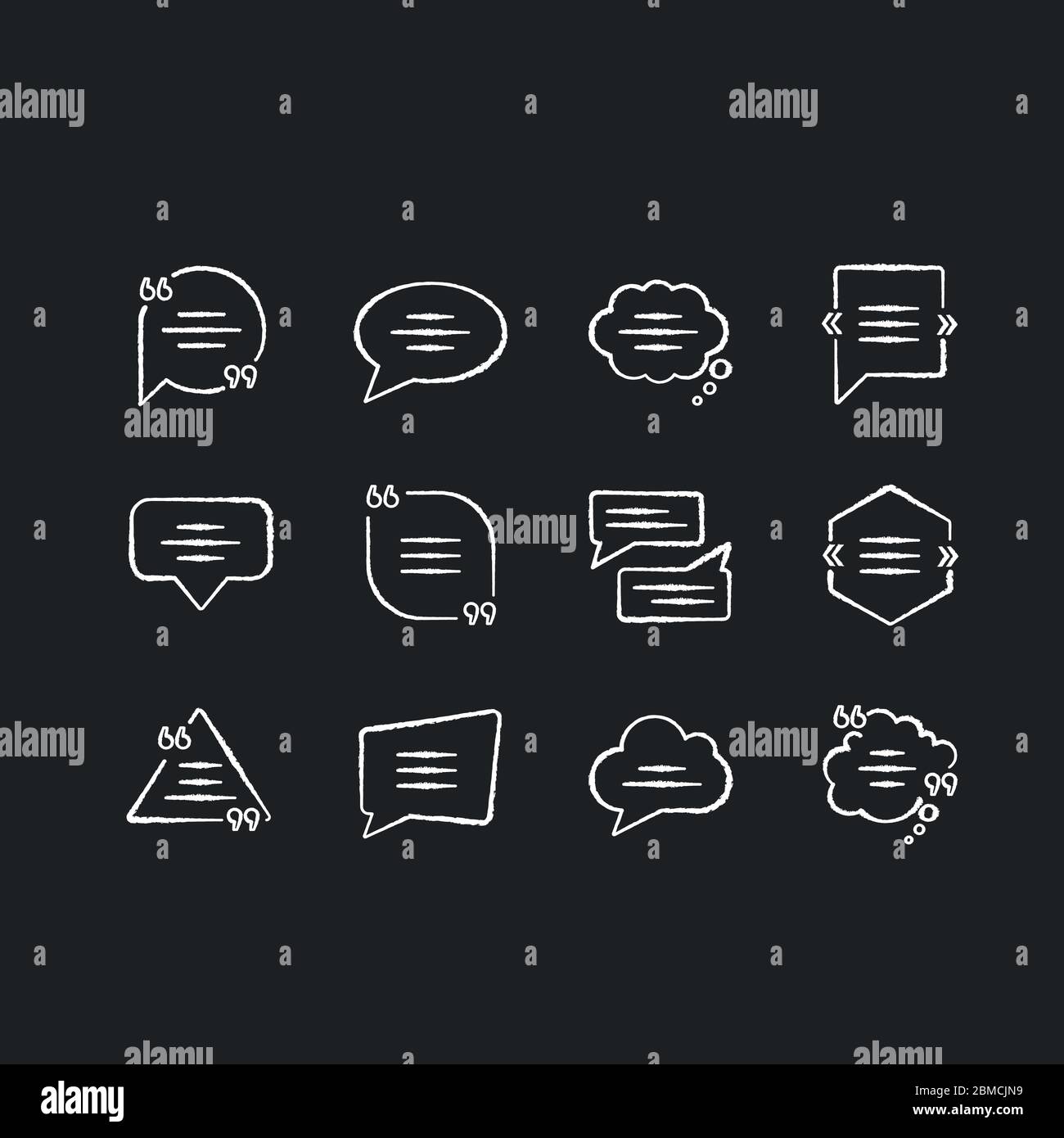 Dialogue box chalk white icons set on black background. Blank speech ...