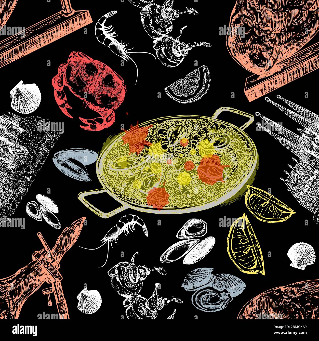 Seamless pattern of hand drawn sketch style Spainish food isolated on ...