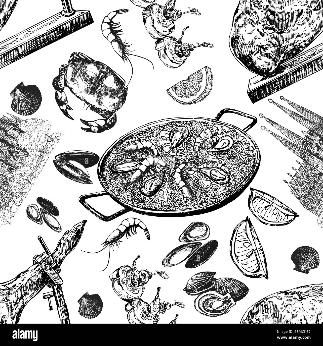 Seamless pattern of hand drawn sketch style Spainish food isolated on ...