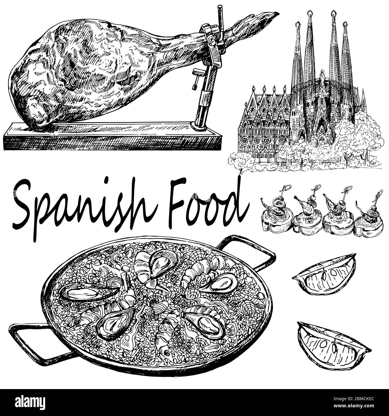 Set of hand drawn sketch style Spainish food isolated on white ...