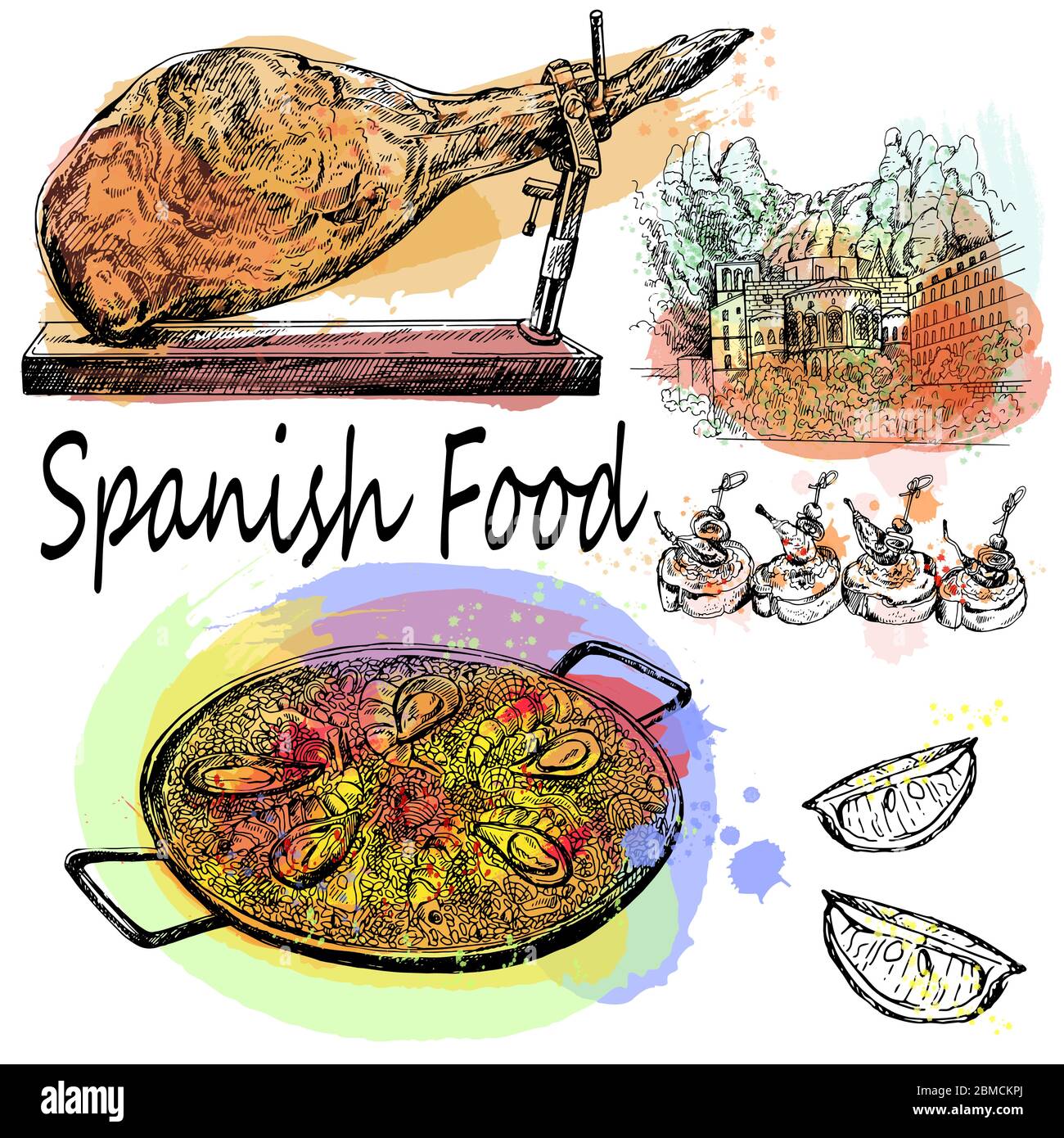 Set of hand drawn sketch style colorful Spainish food isolated on white ...