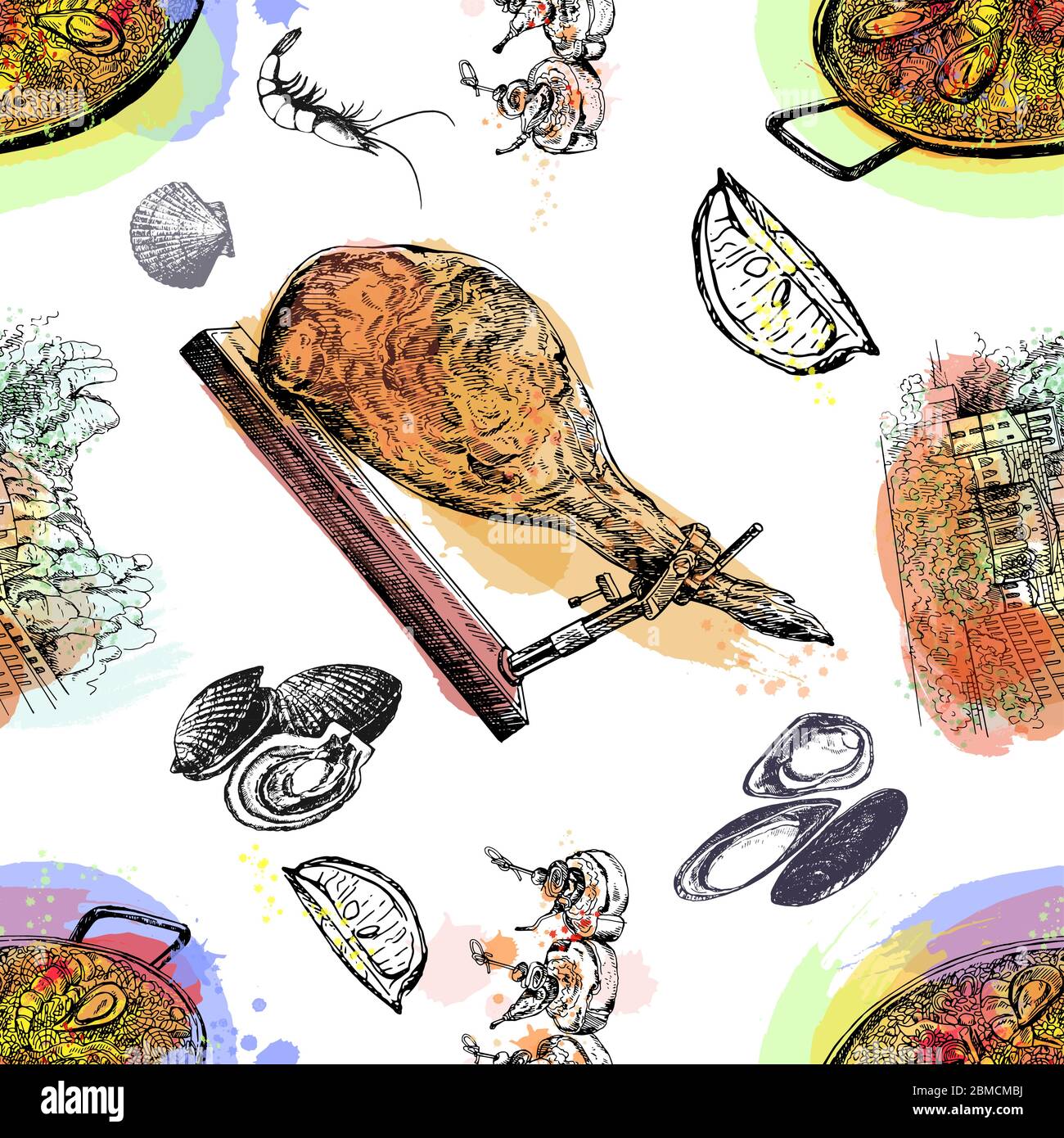 Seamless pattern of hand drawn sketch style Spainish food isolated on ...