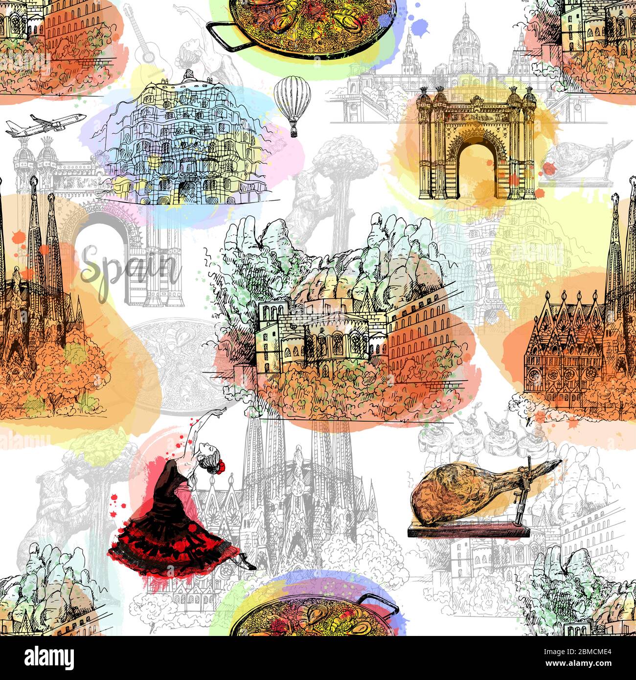 Seamless pattern of hand drawn sketch style Spain related objects ...