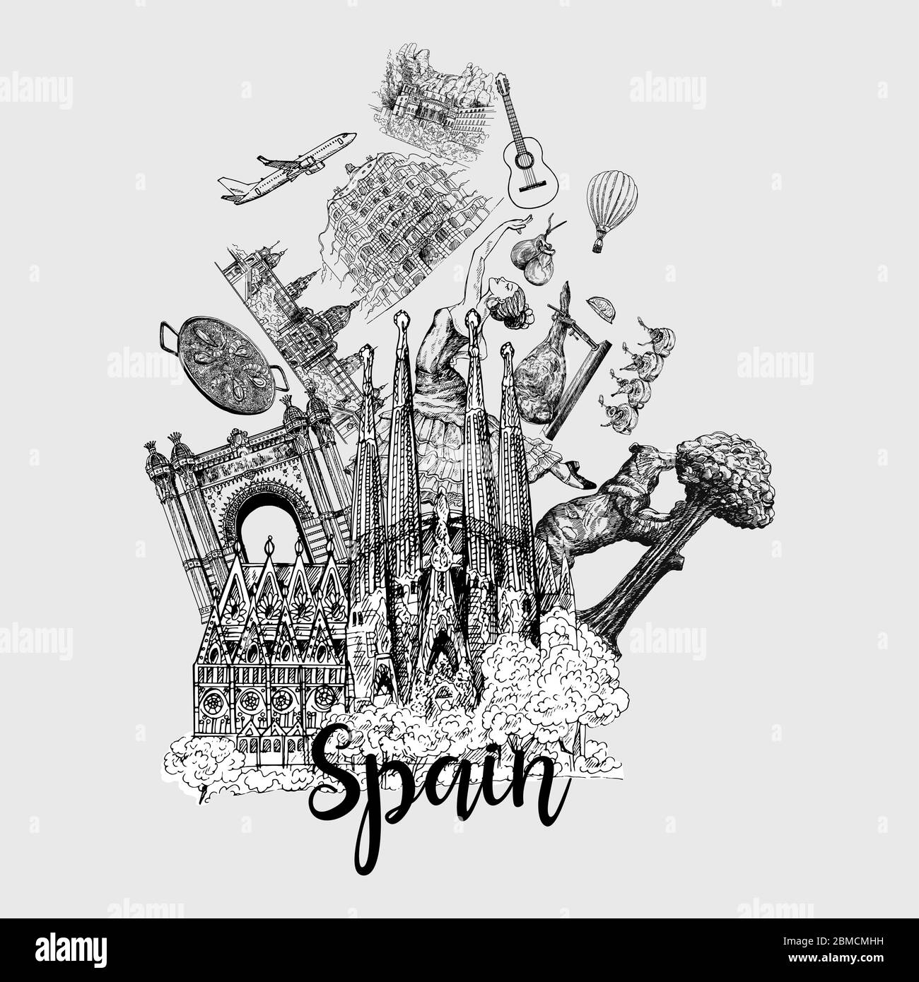 Poster / card / composition of colorful hand drawn sketch style Spain ...