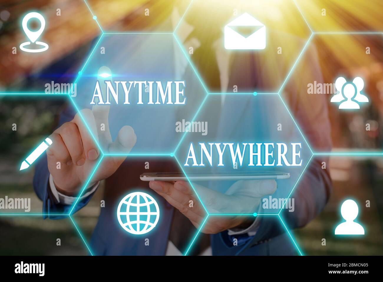 Writing note showing Anytime Anywhere. Business concept for saying that ...