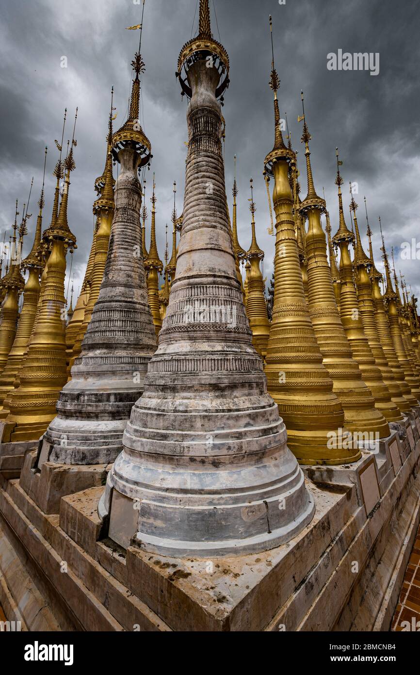 Gold pagodas of Shwe Inn Thein, Myanmar Stock Photo - Alamy