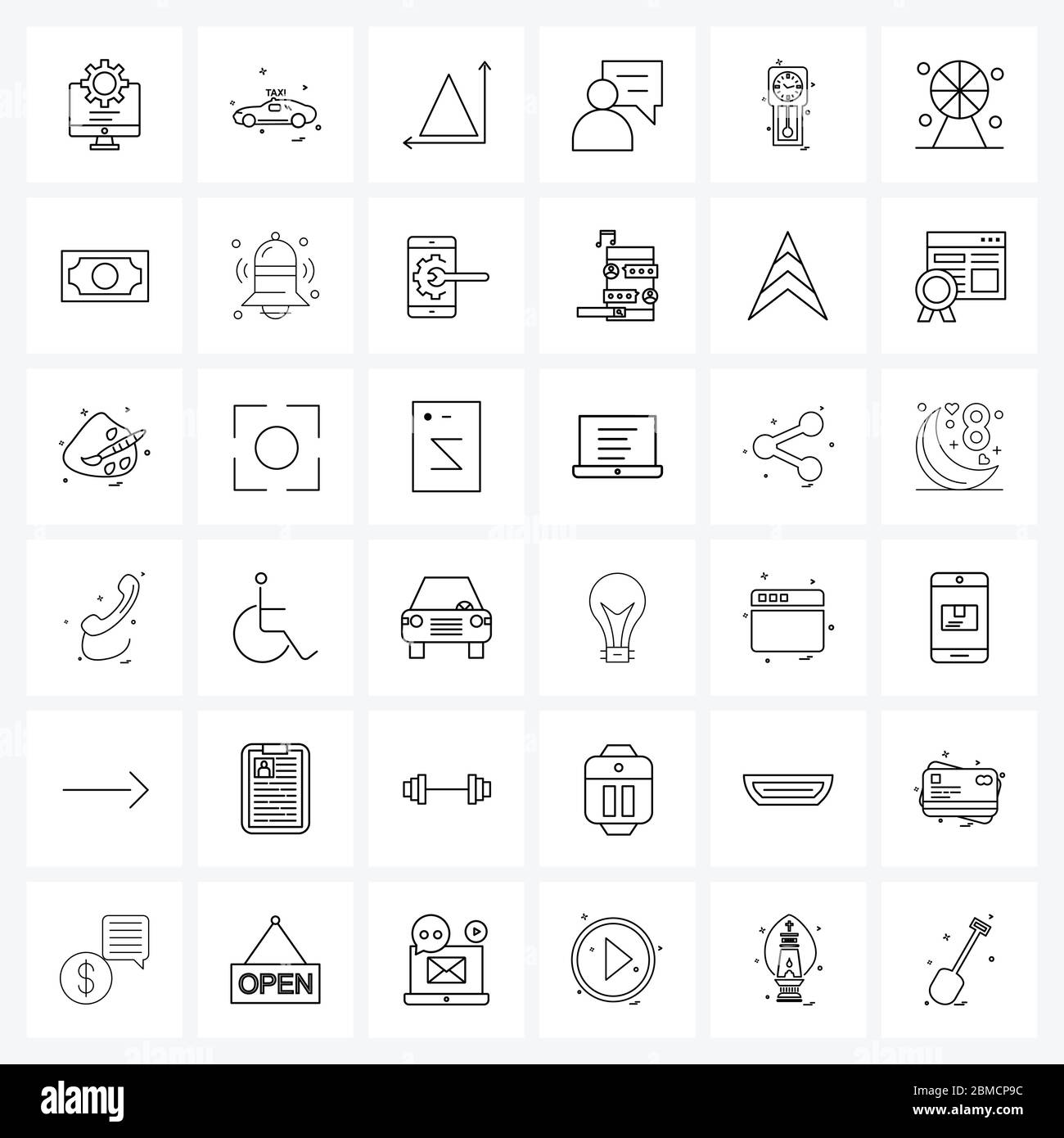 Universal Symbols of 36 Modern Line Icons of watch, clock, mathematics ...