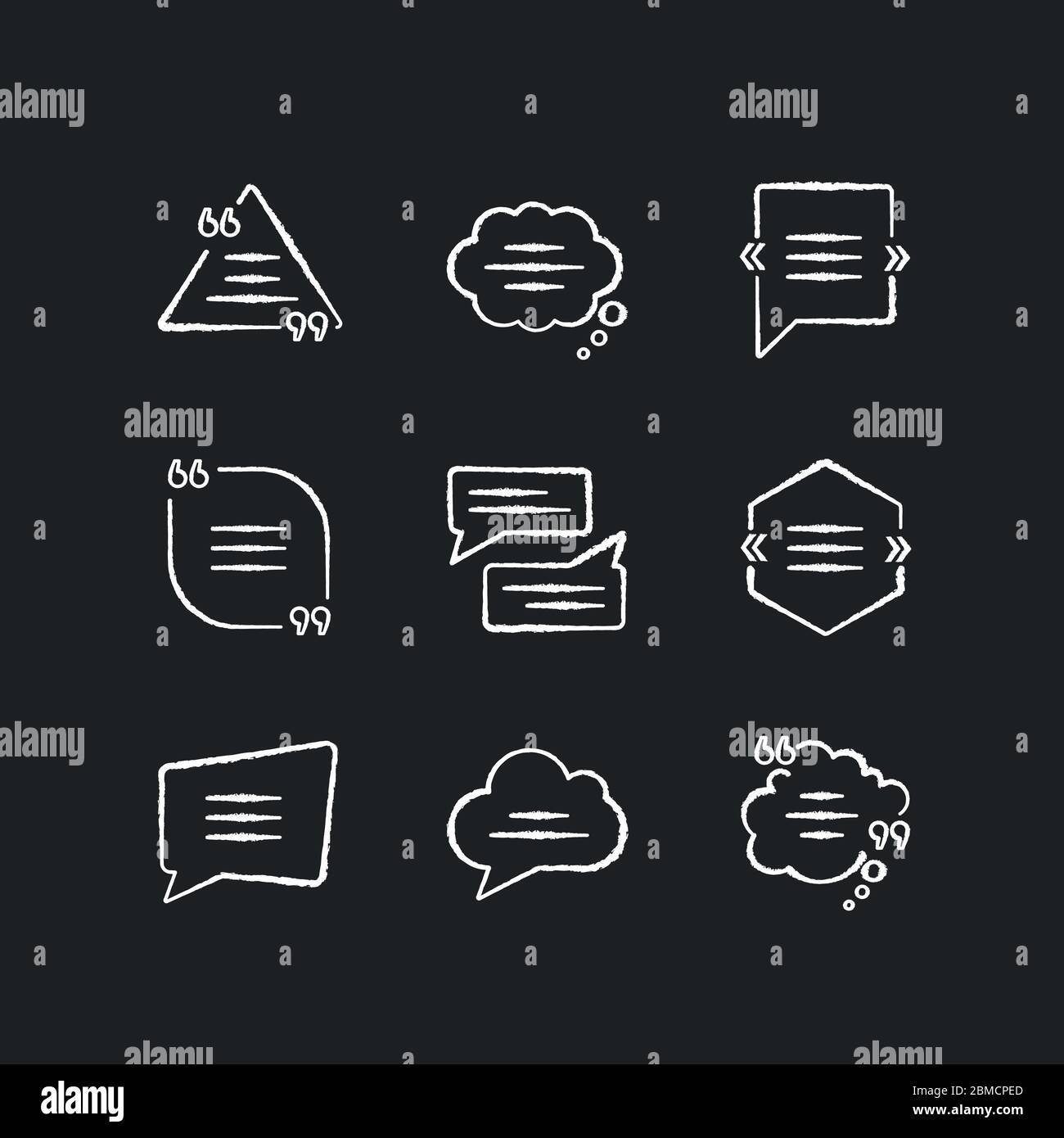 Comment box chalk white icons set on black background. Blank speech ...