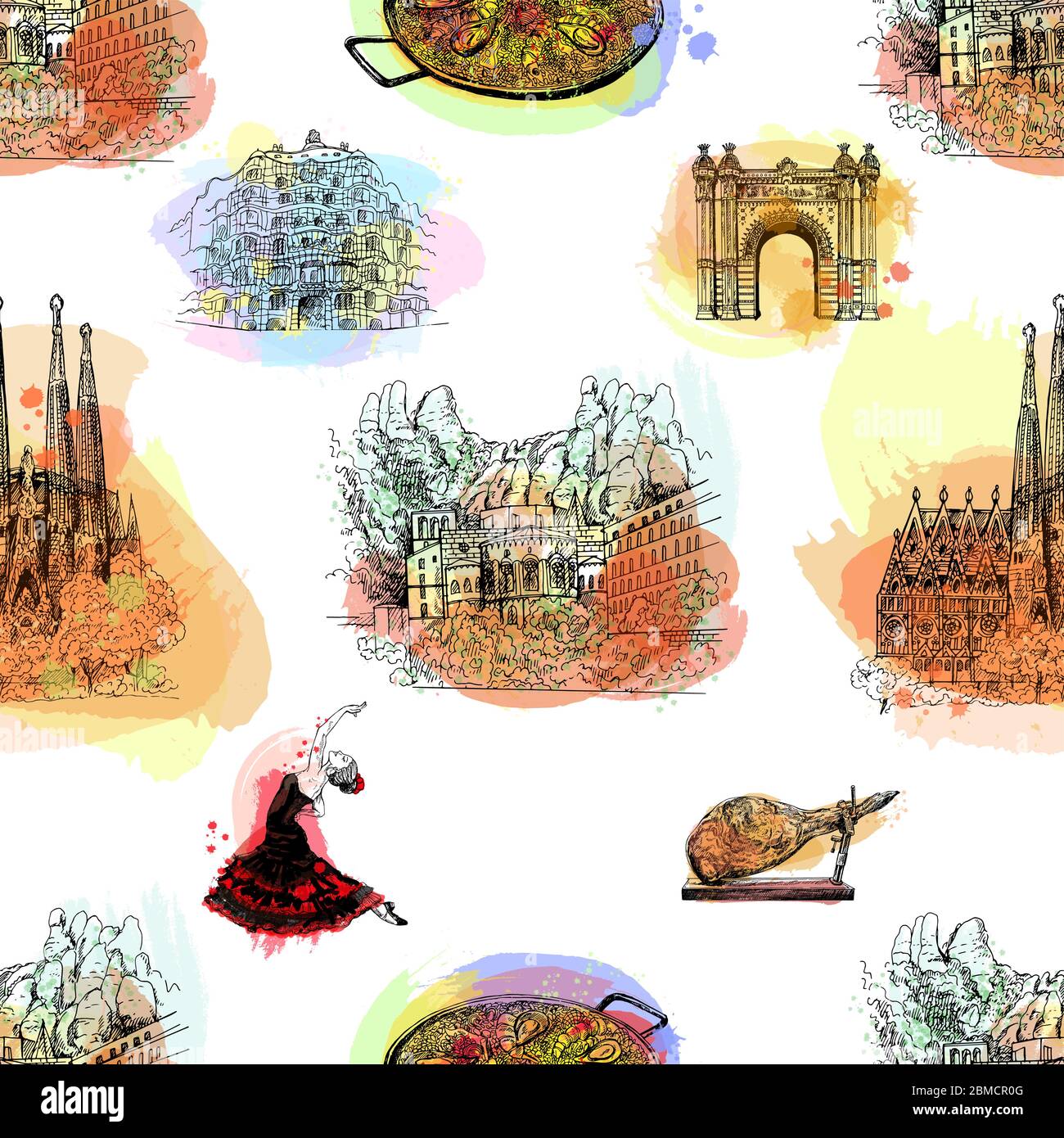 Seamless pattern of hand drawn sketch style Spain related objects ...