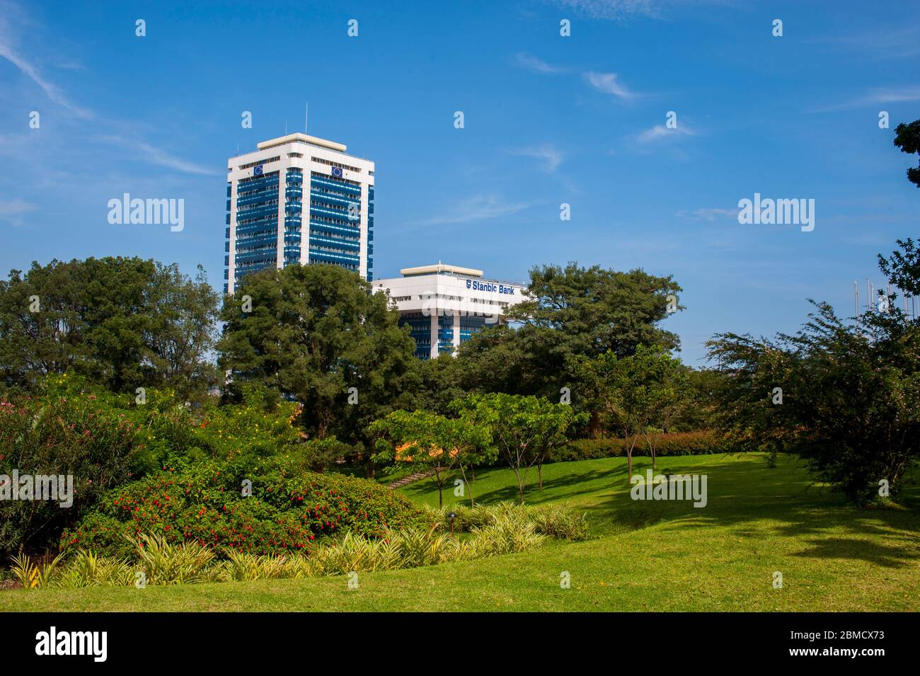 View from the Serena Hotel of modern buildings in downtown Kampala, the ...