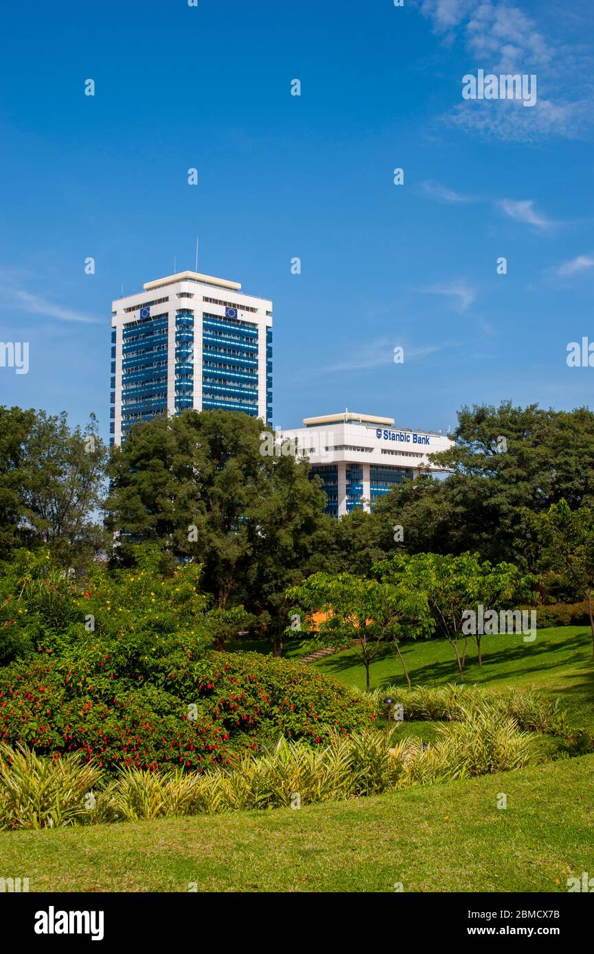 View from the Serena Hotel of modern buildings in downtown Kampala, the ...