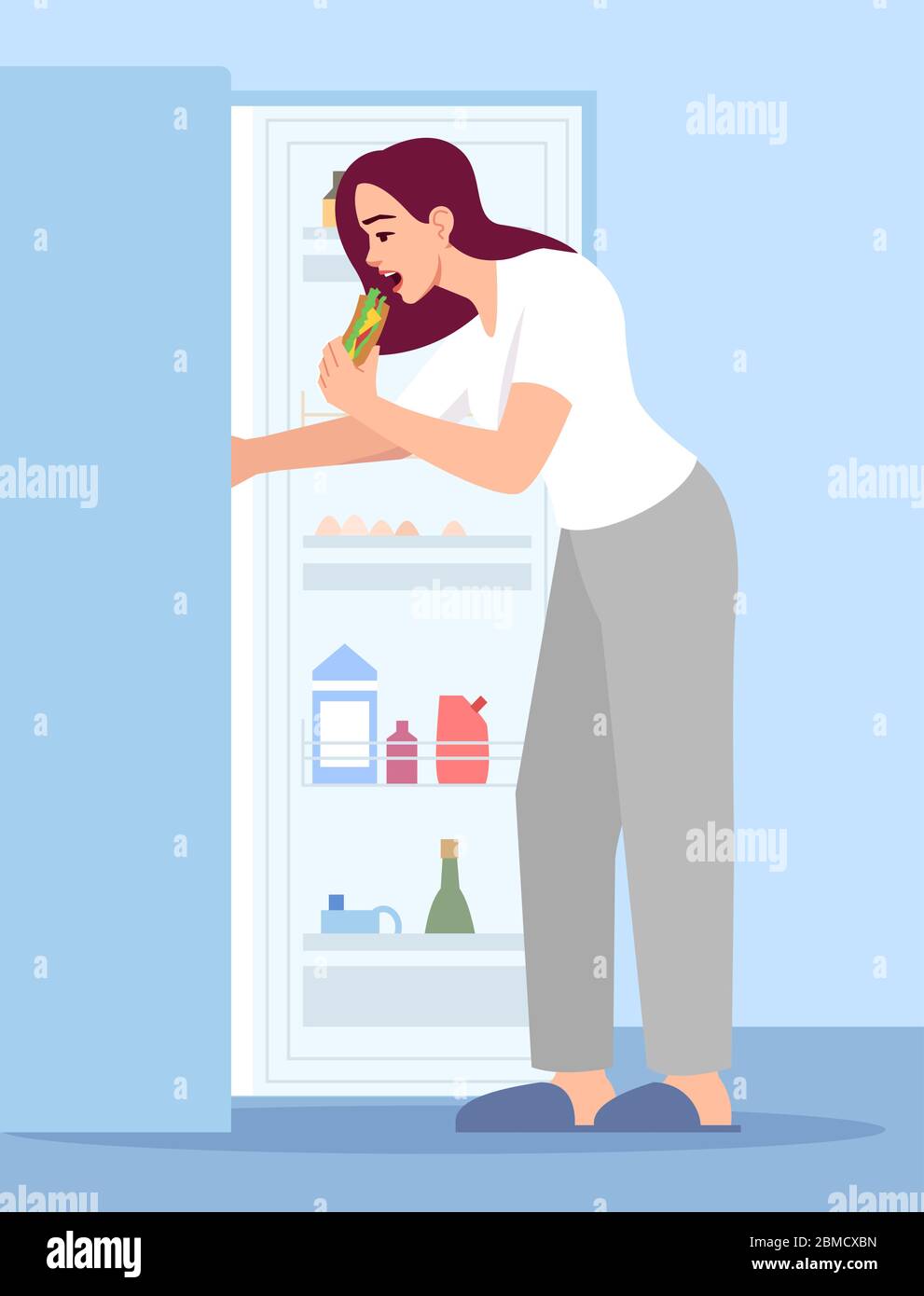 Woman eating sandwich semi flat RGB color vector illustration. Stressed ...