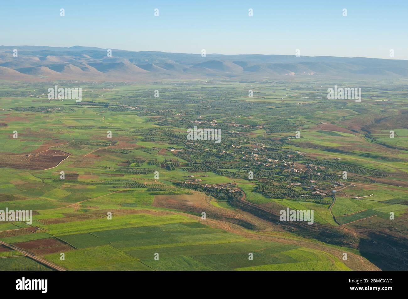 Aerial view of the fertile fields near the city of Fez (or Fes) in ...
