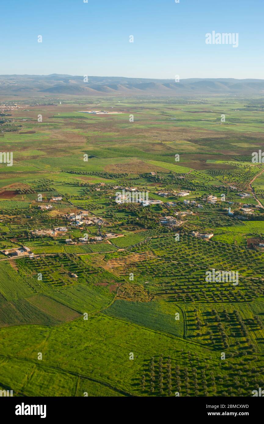 Aerial view of the fertile fields near the city of Fez (or Fes) in ...
