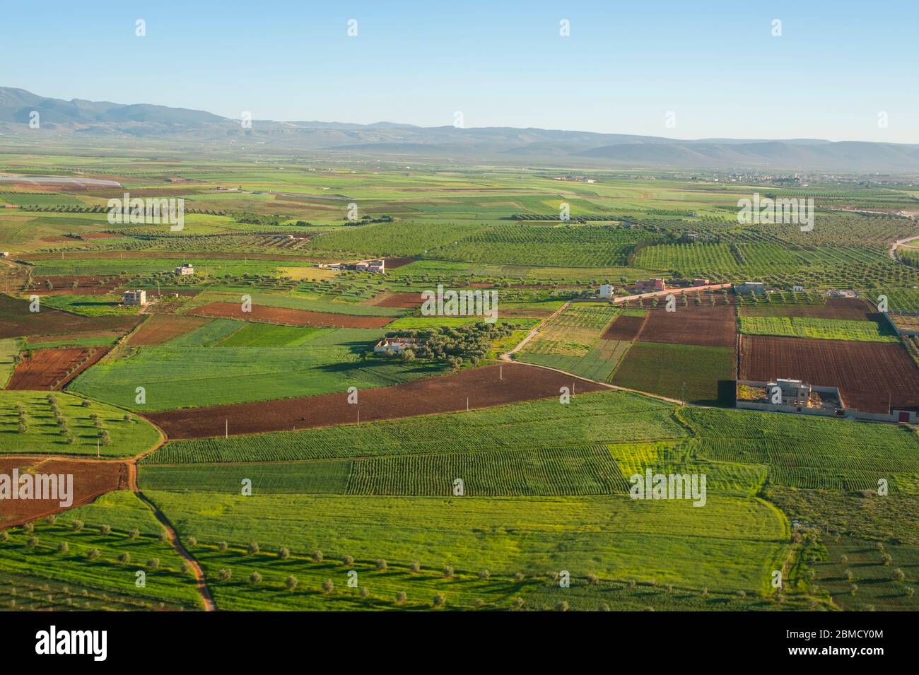 Aerial view of the fertile fields near the city of Fez (or Fes) in ...
