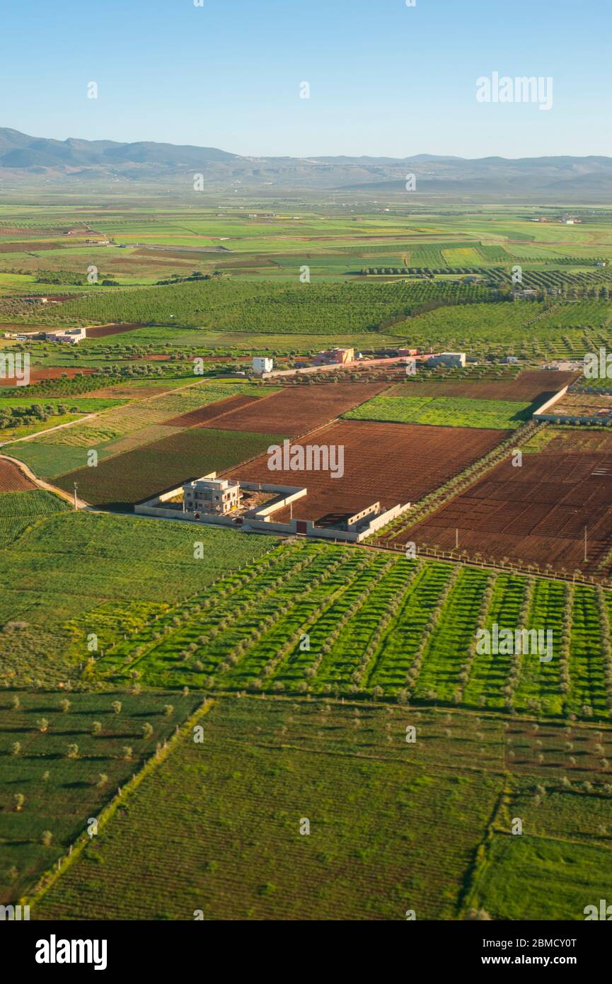 Aerial view of the fertile fields near the city of Fez (or Fes) in ...