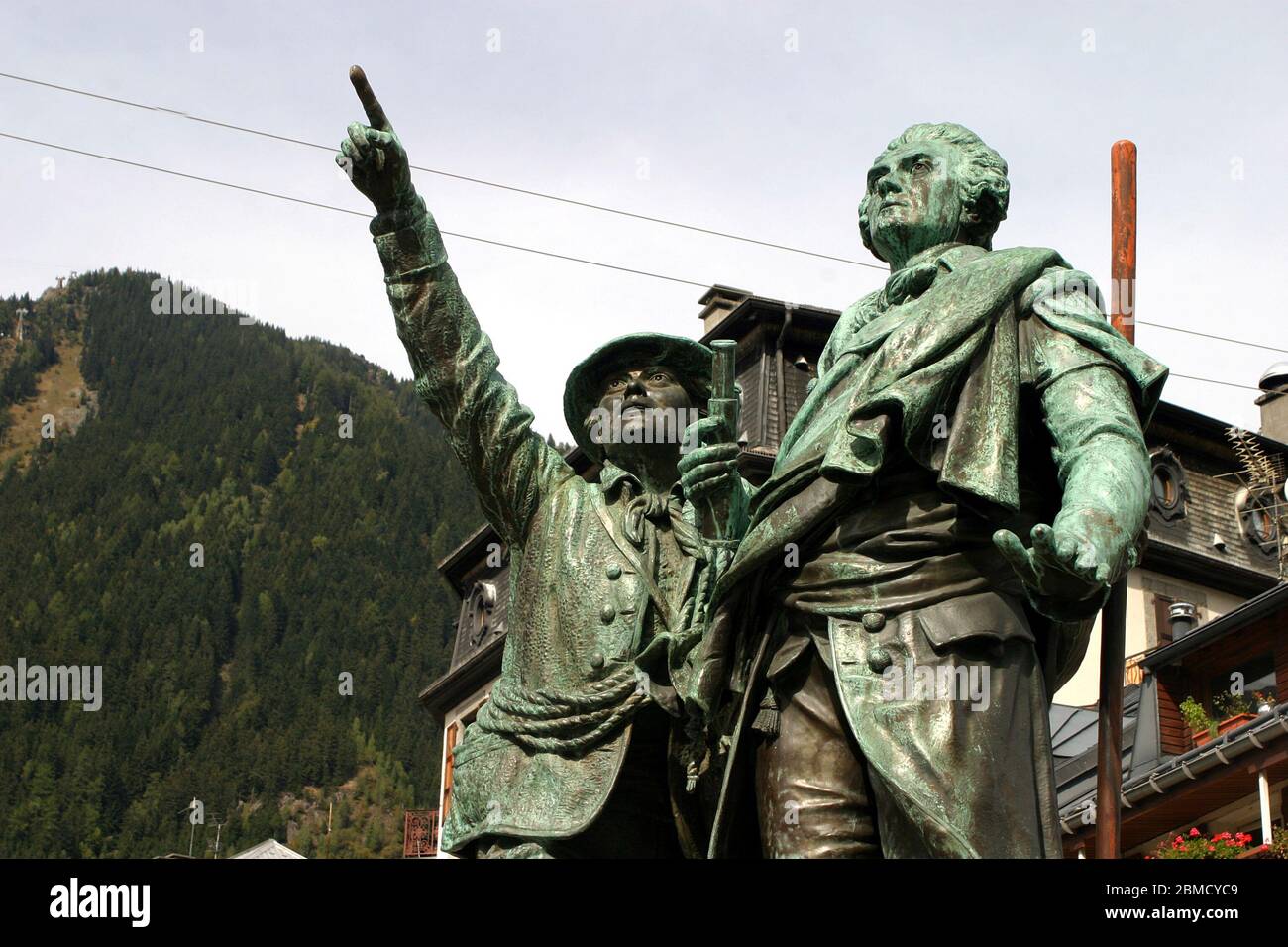 Statue of famous mountaineers Saussure and Balmat in Chamonix, French ...