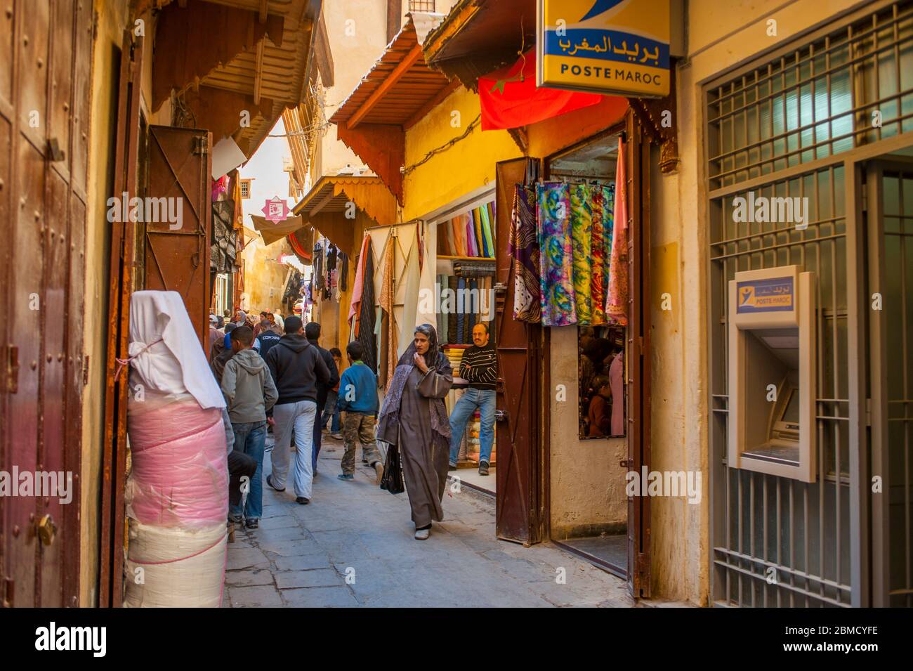A street scene in a small alley in the Medina (old town) of the city of ...