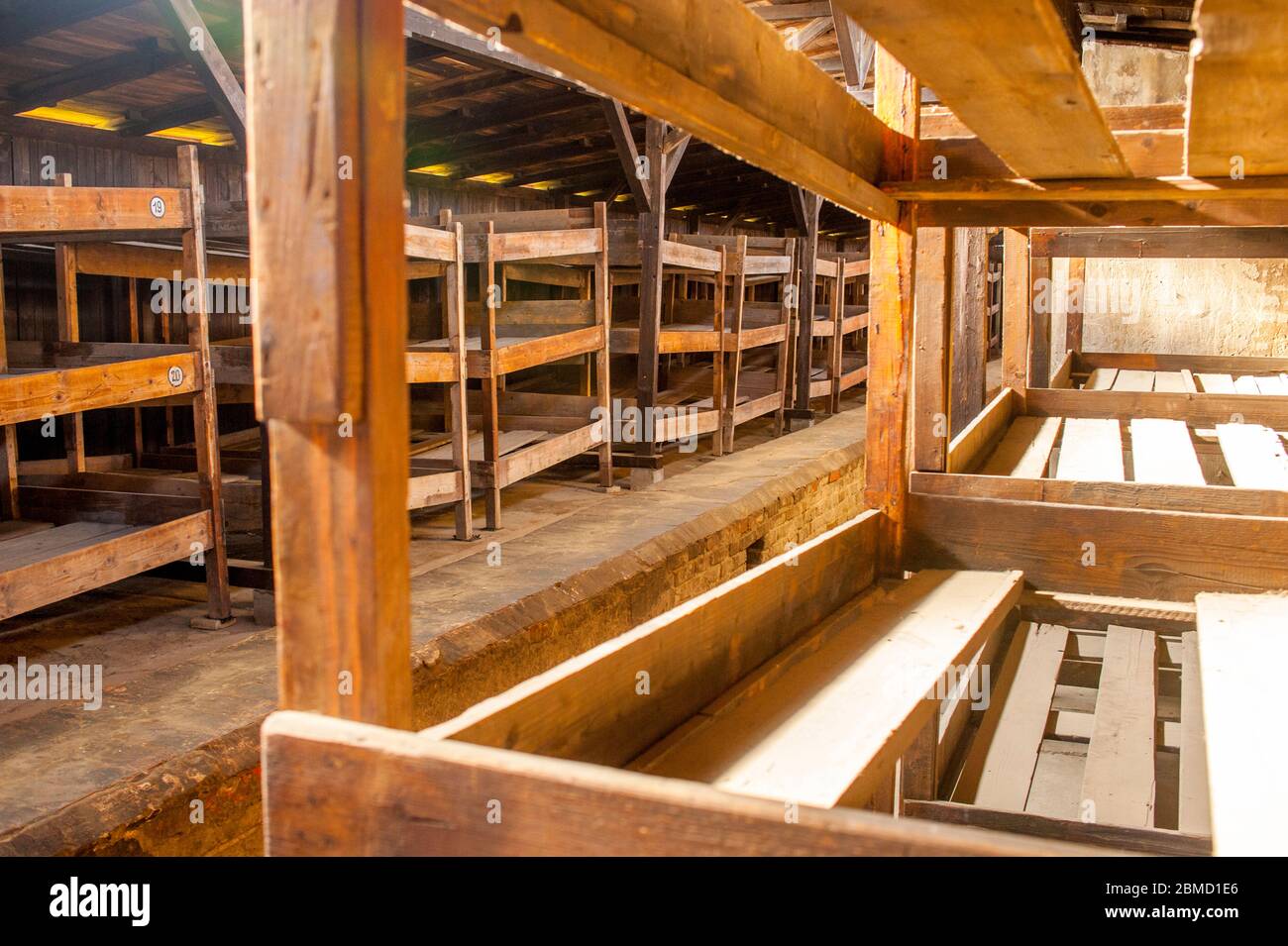 Interior of the wooden barracks at the Birkenau concentration camp ...