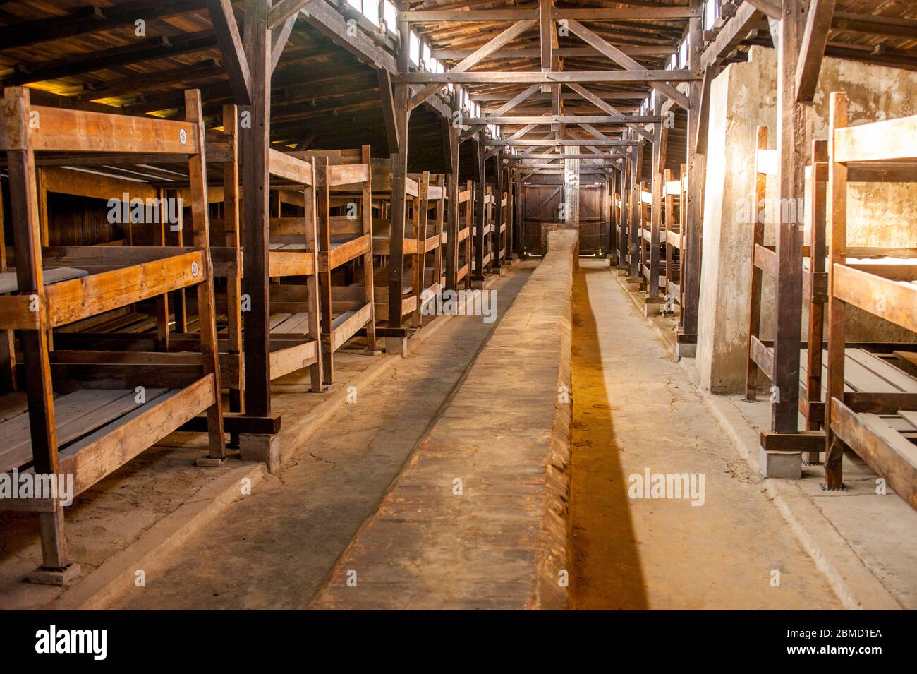 Interior of the wooden barracks at the Birkenau concentration camp ...