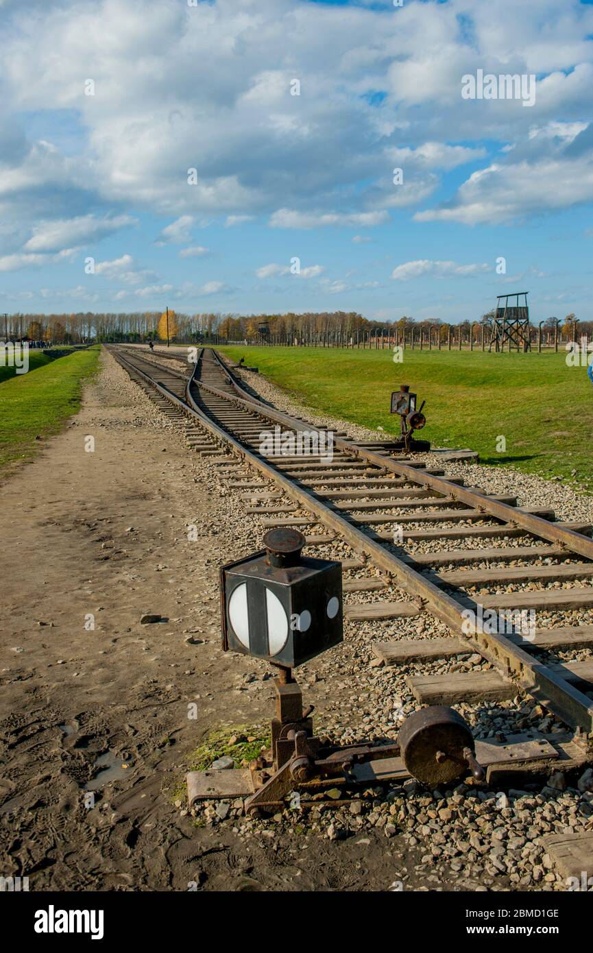 View of the railroad tracks at the Birkenau concentration camp which ...