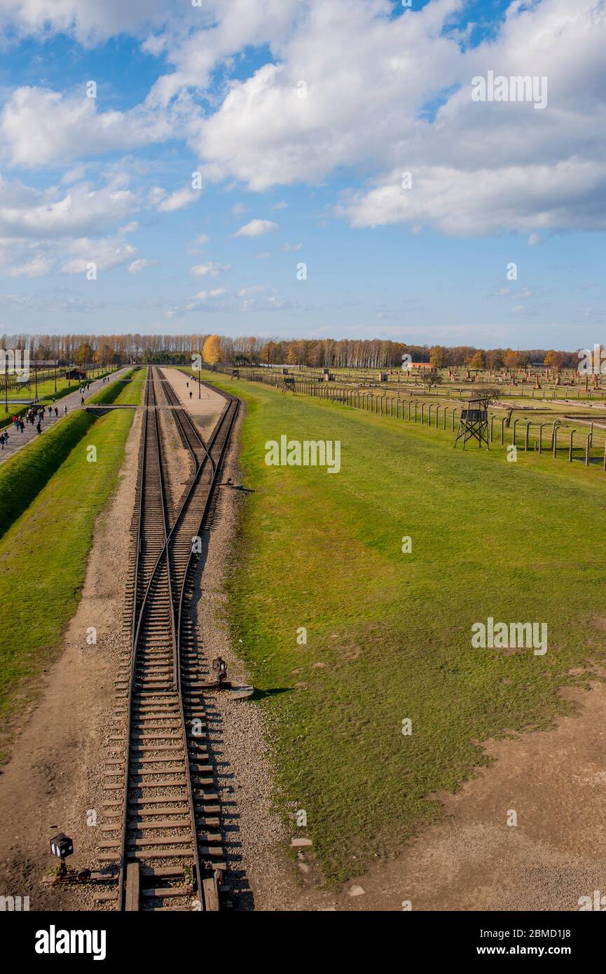View of the railroad tracks at the Birkenau concentration camp which ...