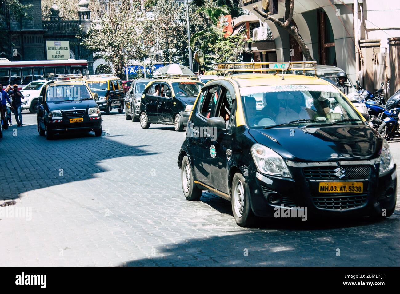 Mumbai India March 1, 2019 View of a traditional black and yellow taxi ...