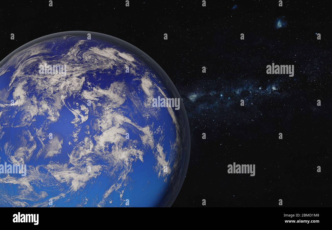 3D rendering of fantastic blue water planet with white atmosphere in ...