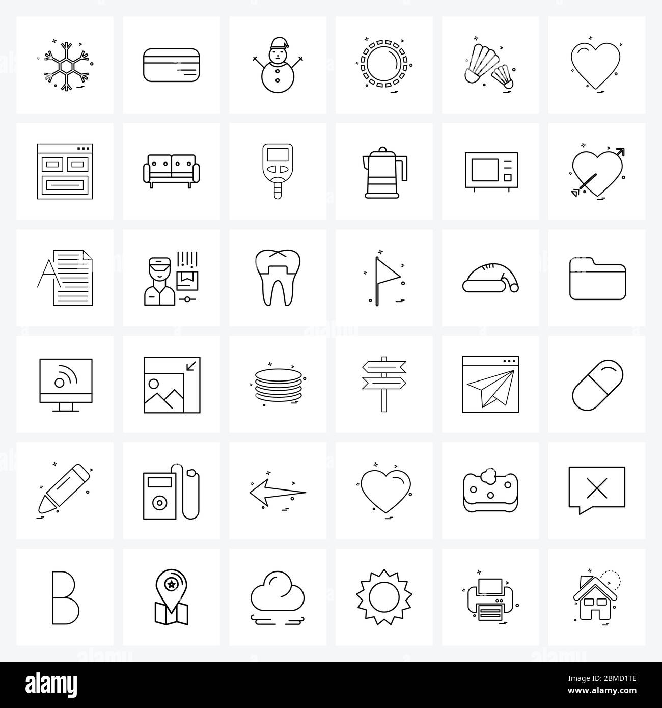 Modern Style Set of 36 line Pictograph Grid based ball, badminton ...