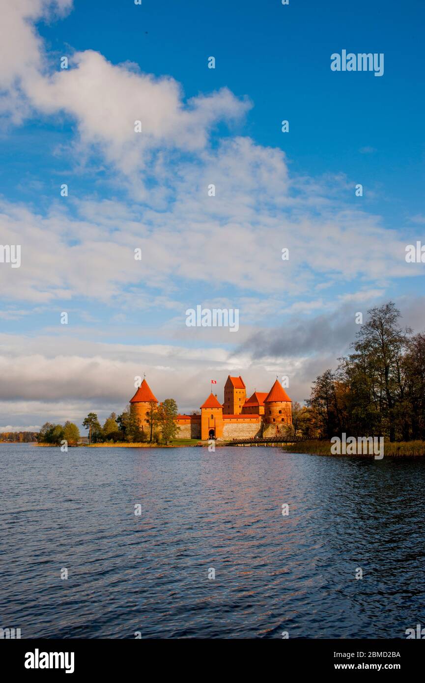 View of the 14th century Trakai Island Castle, which is a castle ...