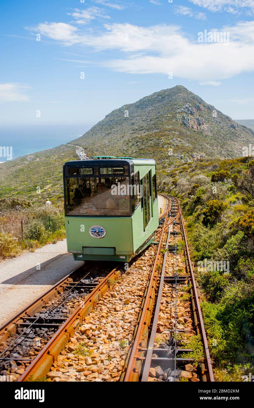 View of funicular going up towards the lighthouse at Cape Point in ...