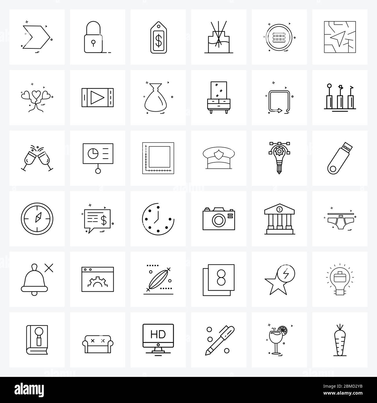 Modern Style Set of 36 line Pictograph Grid based user interface, spa ...