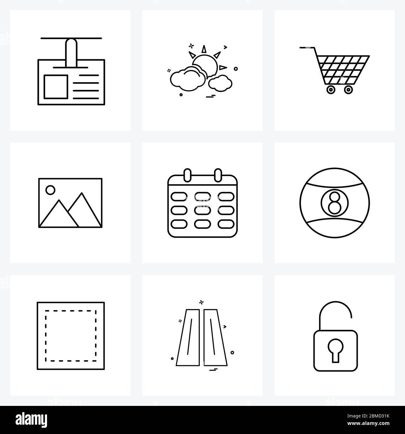 Universal Symbols of 9 Modern Line Icons of time, calendar, cart ...