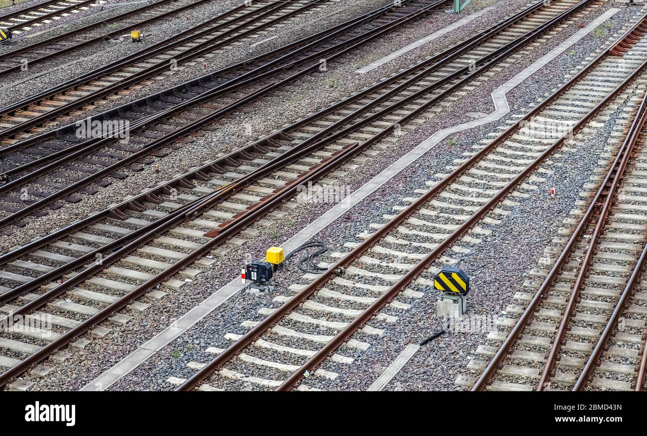 Multiple railroad tracks with junctions at a railway station in a ...