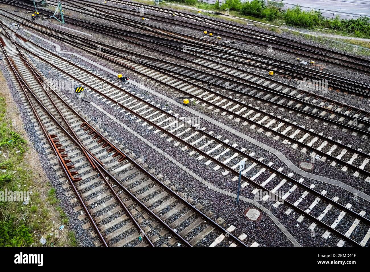 Multiple railroad tracks with junctions at a railway station in a ...