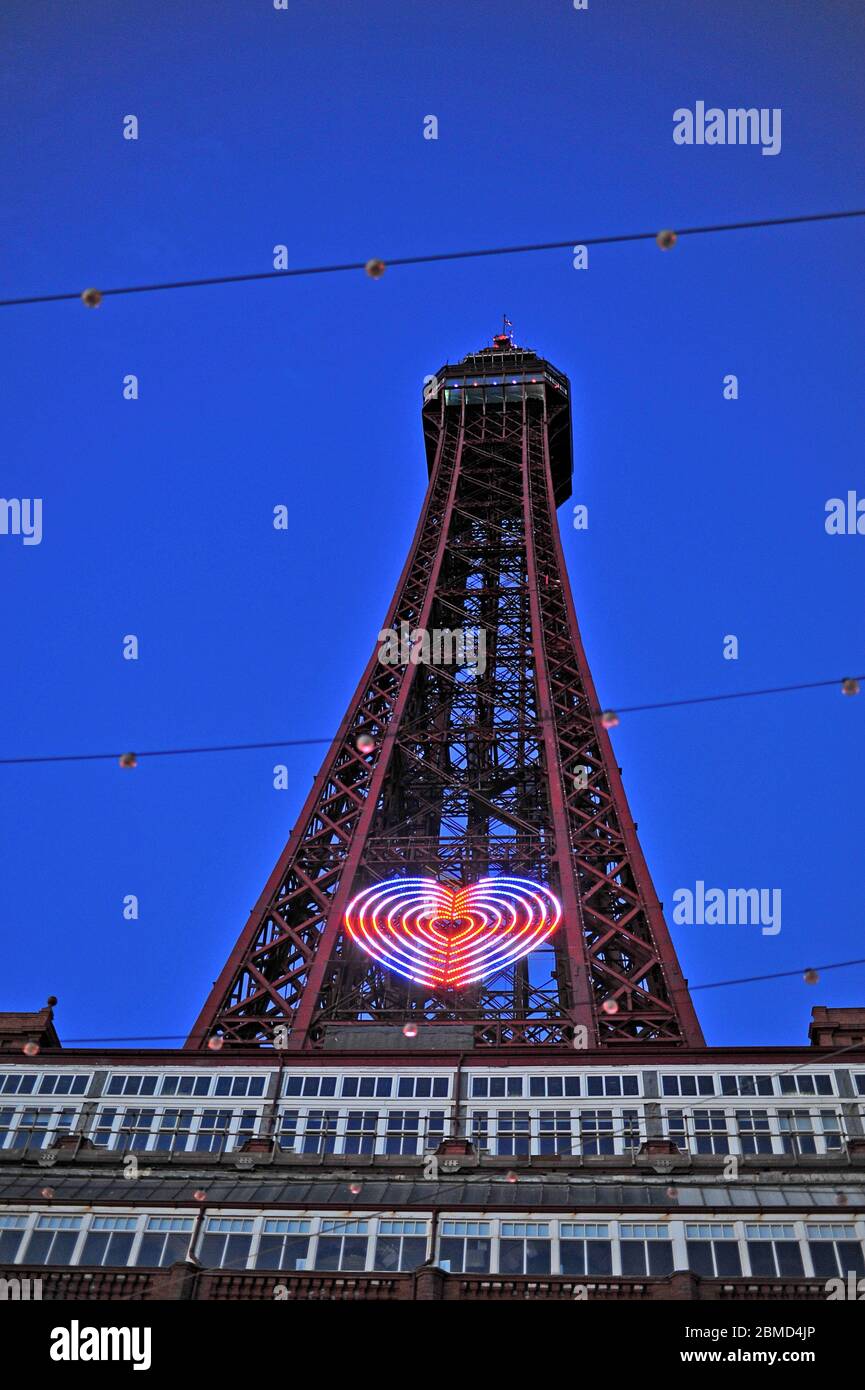The heart on Blackpool tower shines in red white and blue to ...