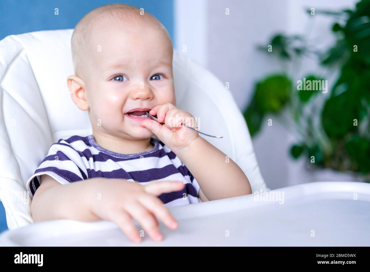 baby food. little smiling caucasian child with spoon in his mouth on ...