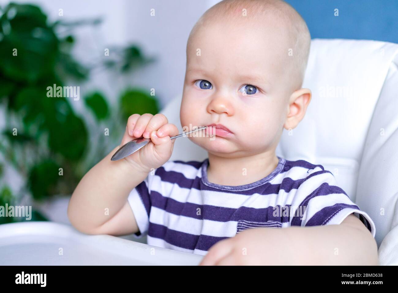 baby food. little serious caucasian child with spoon in his mouth on ...