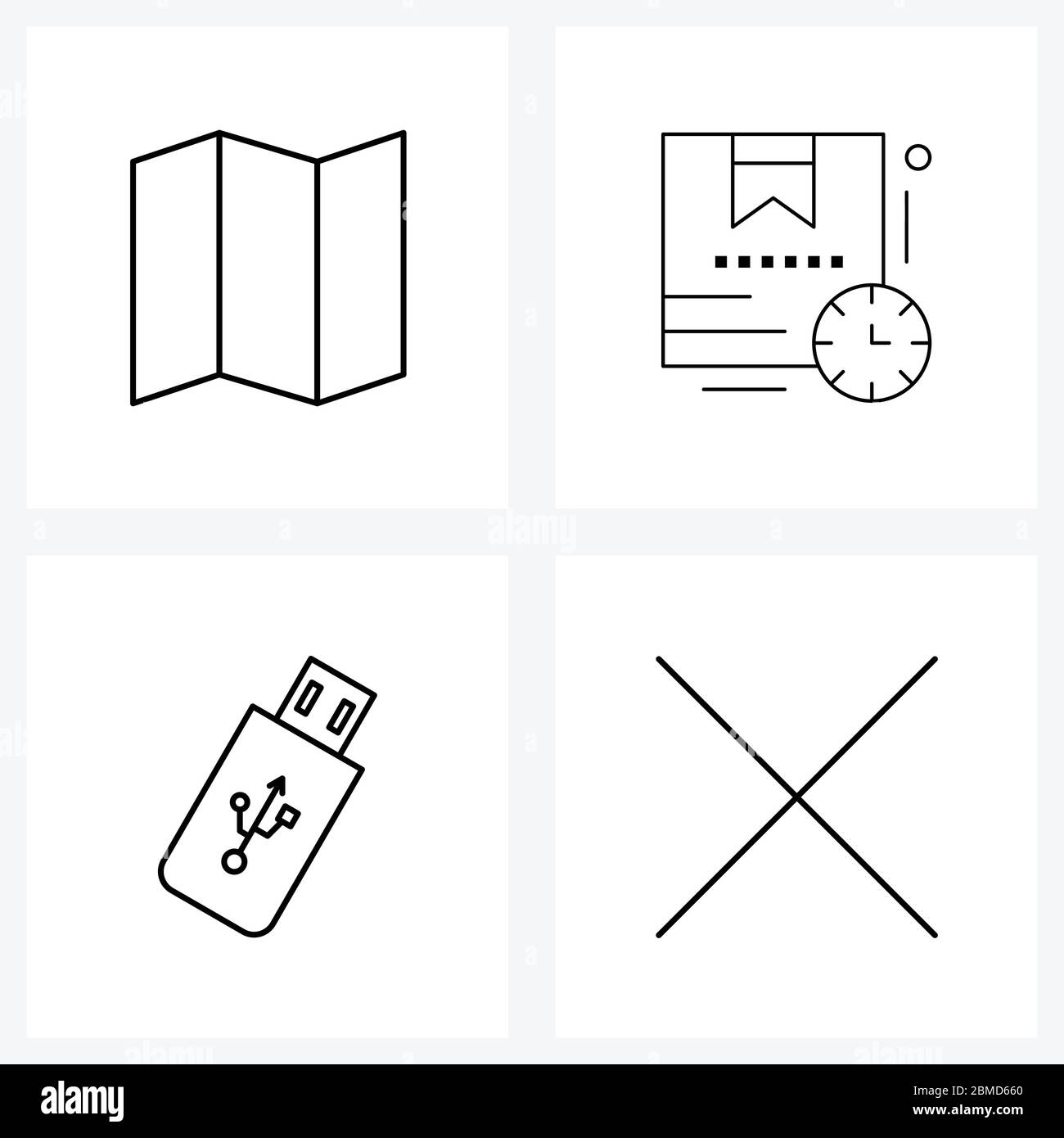 Set of 4 Universal Line Icons of map, storage, navigation, time, data ...
