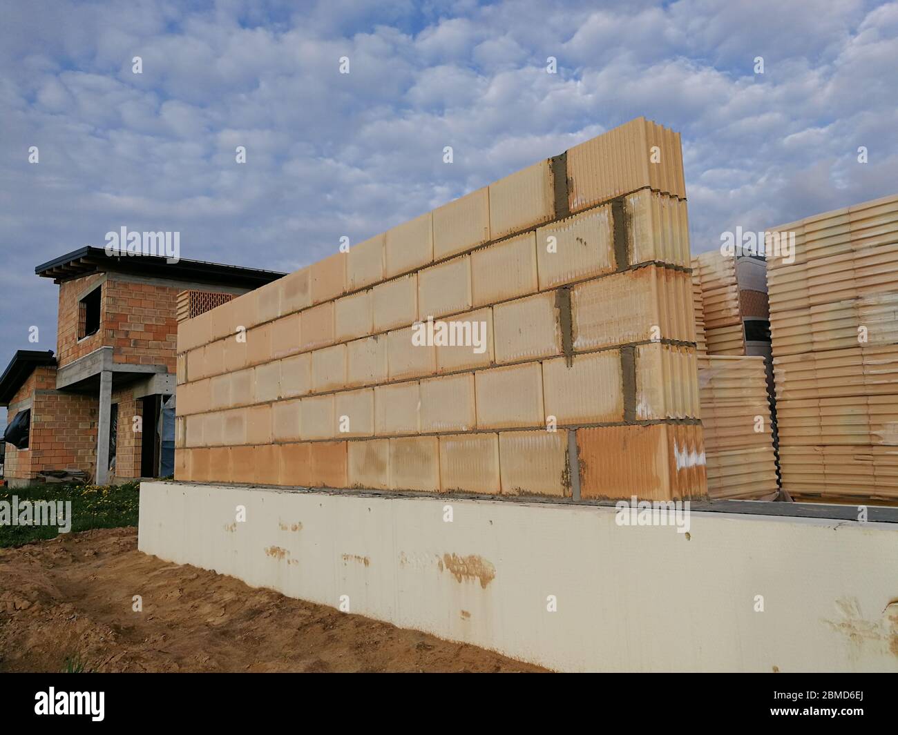 House wall under construction build from ceramic blocks in construction ...