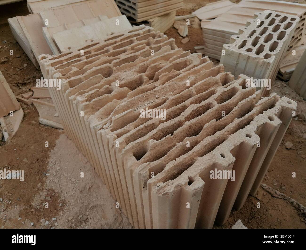 Damaged ceramic construction block in the construction site. Wastage ...