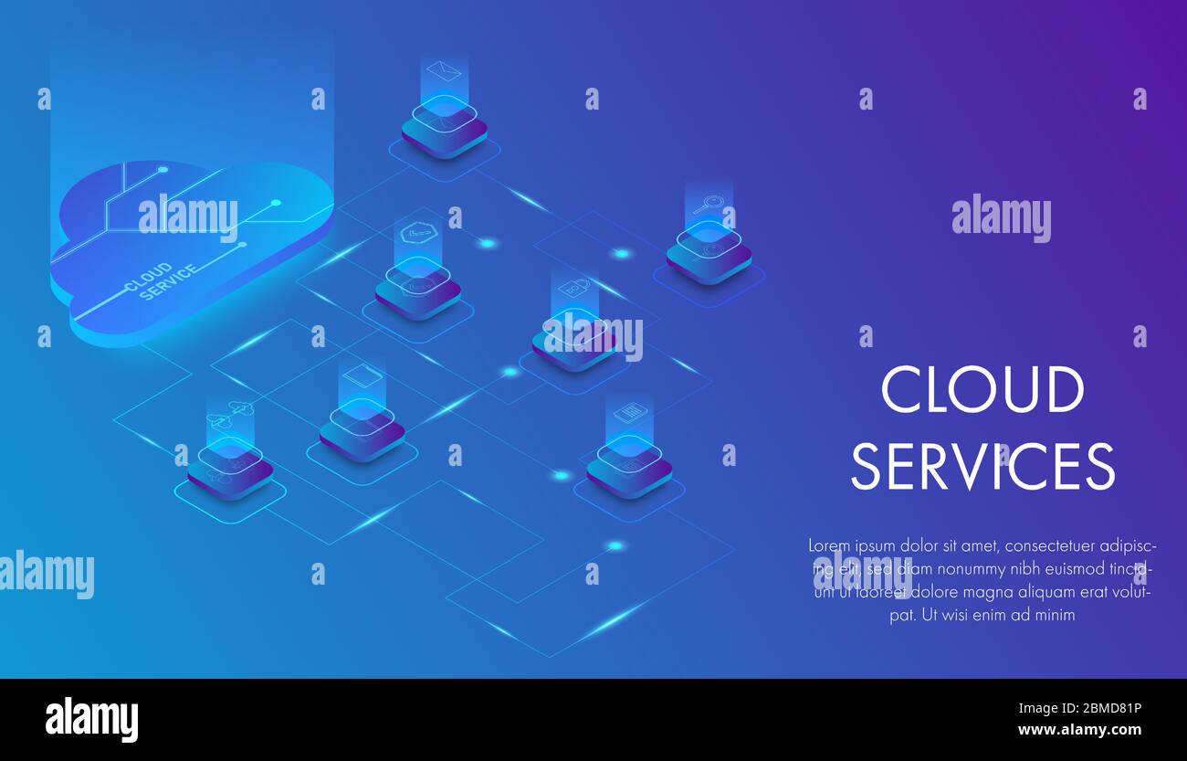 Isometric vector design of concept cloud services technology with icon ...