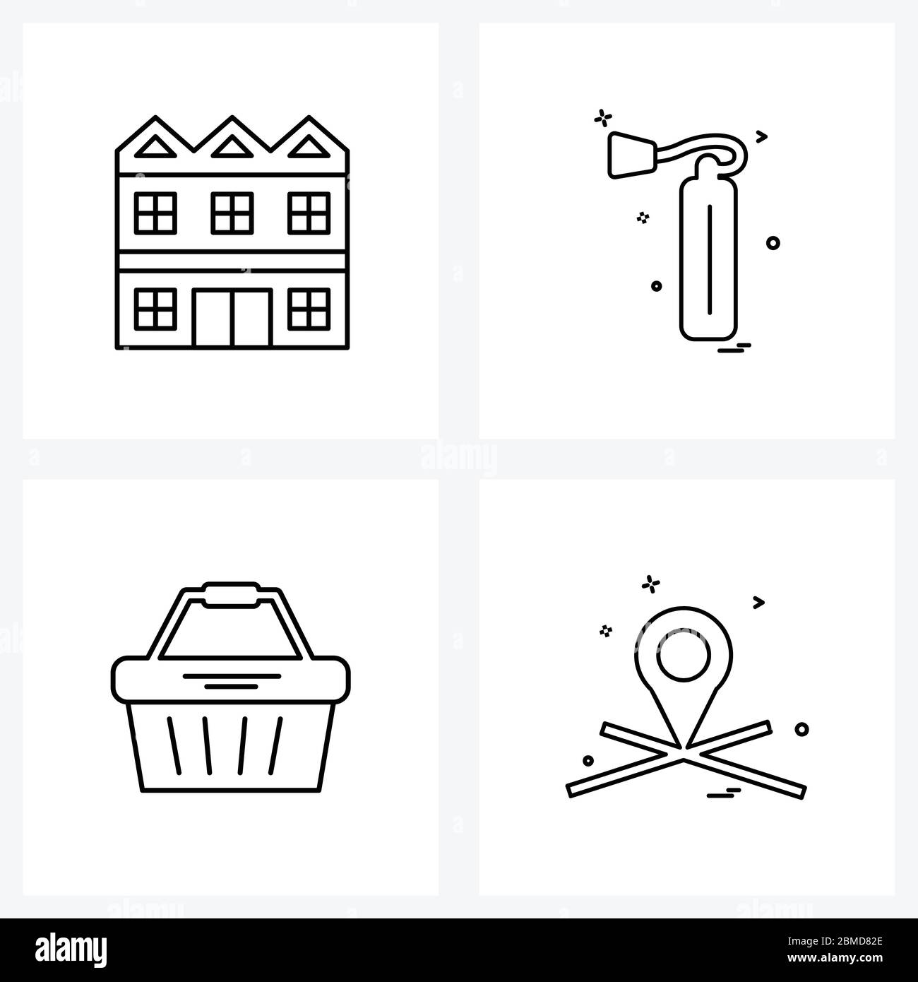 Set of 4 Modern Line Icons of apartment, luggage, house, fire, location ... Set of 4 Modern Line Icons of apartment, luggage, house, fire, location ...